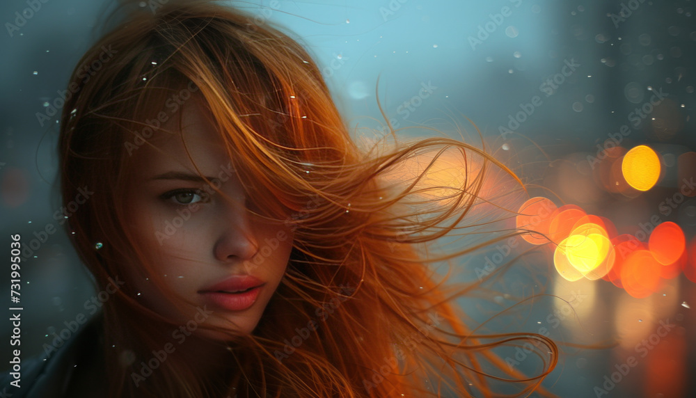 girls hair moving in the wind by night, hair in front of face, blurred ...