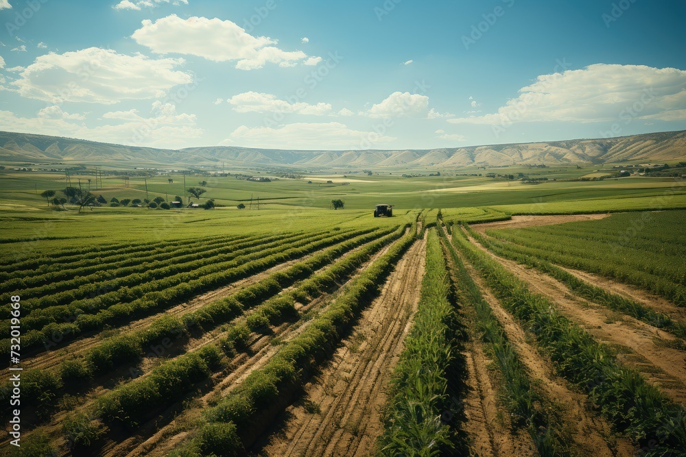 Tractor cultivating field at spring. sprawling agricultural farm with ...