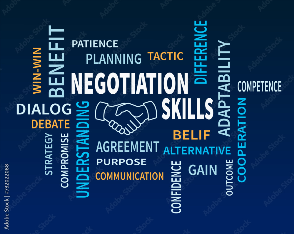 Word cloud lettering with negotiation skills and handshake inscriptions ...