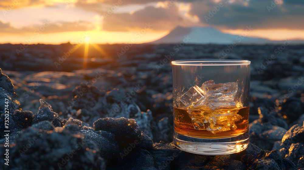 Cinematic wide angle photograph of a whisky glass in the border of a ...