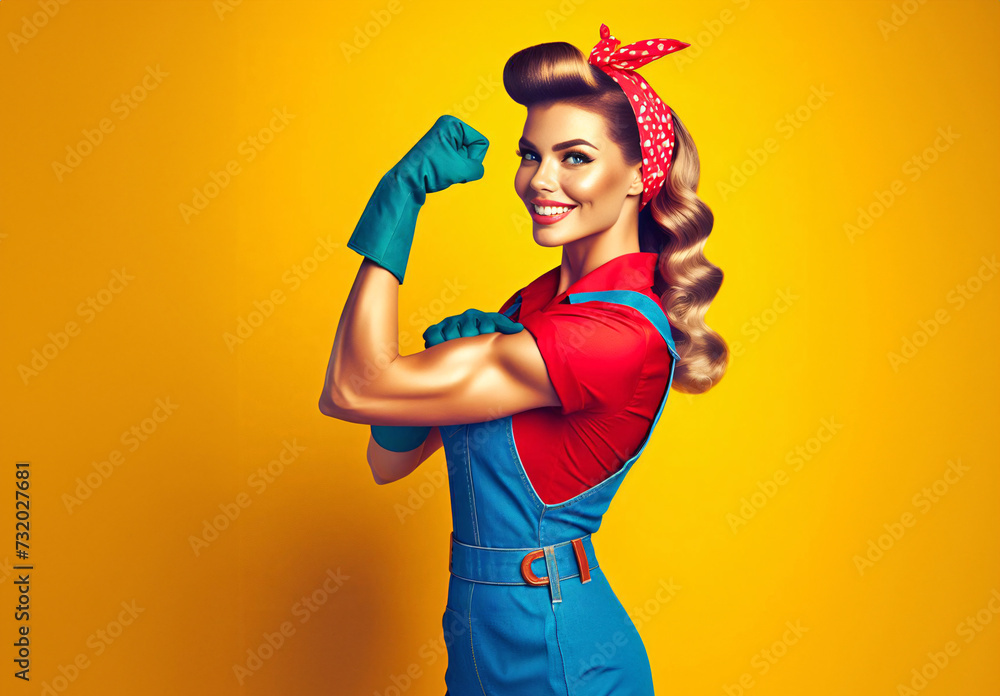 Strong female pinup model dressed as the retro WW2 icon Rosie the ...