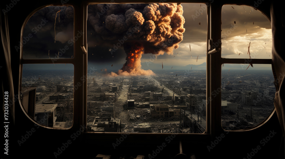Aircraft window perspective of atomic explosion, diverse observer ...
