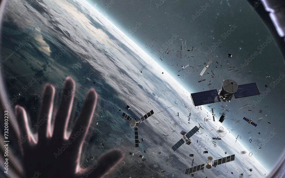 3D illustration of a cluster of space debris and satellites surrounding ...