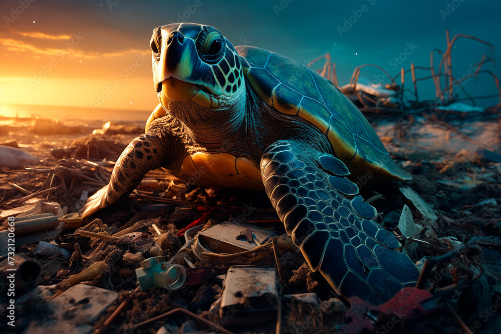 sad sea turtle on a beach littered with garbage and human waste ...
