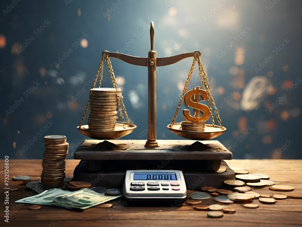 Scales of justice, money and calculator on wooden table and dark ...