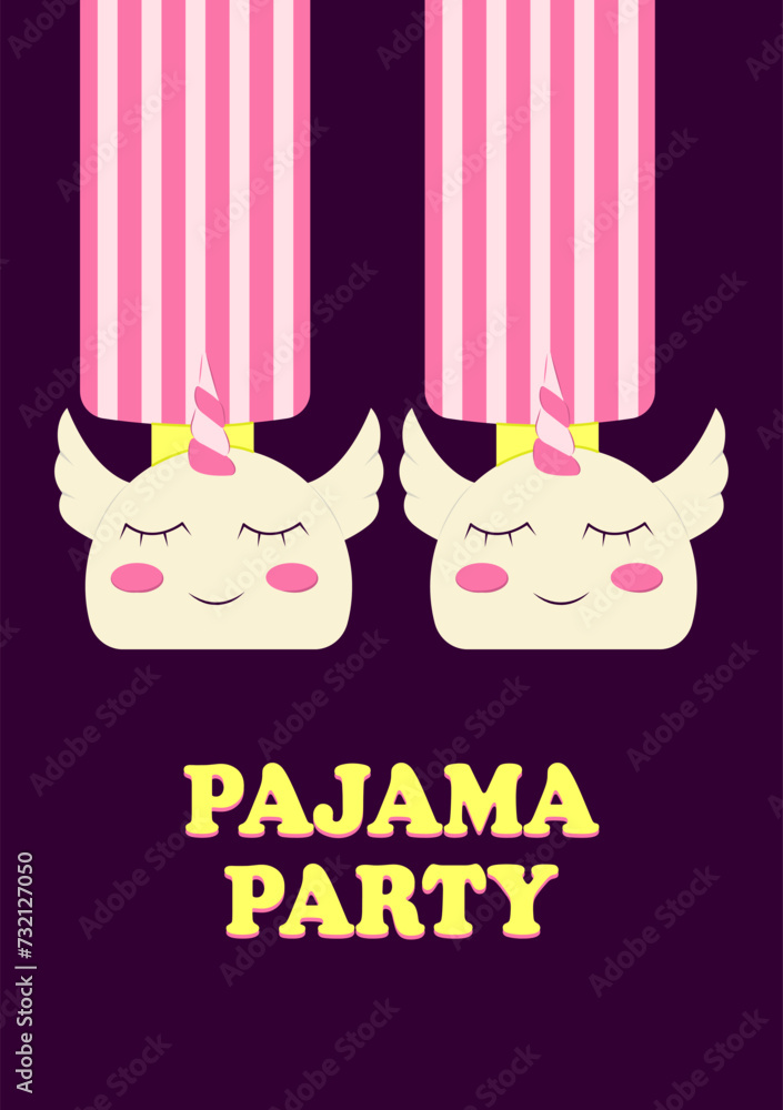 Pajama party poster invitation. Feet in unicorn slippers. Themed ...