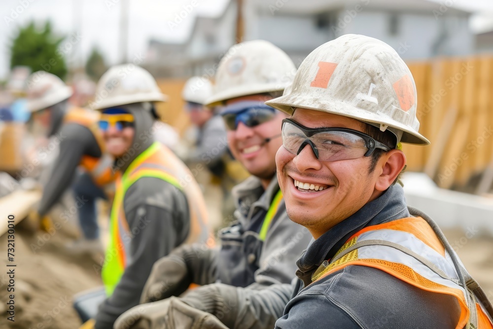 Group of construction workers smiling and working together Wearing ...
