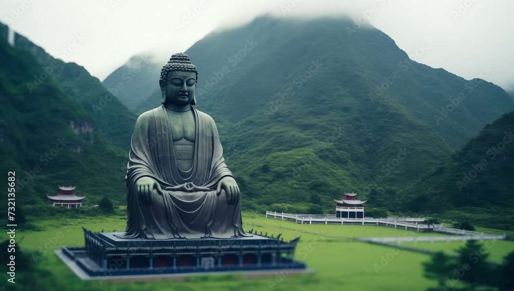 Buddha statue mediating with green nature background. Magha Puja ...