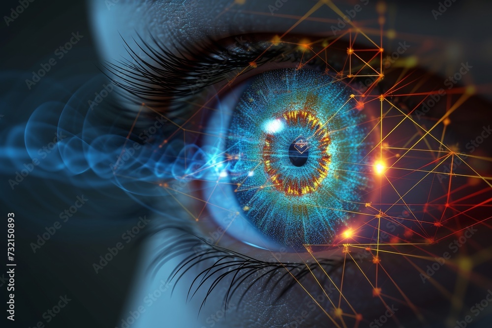 Human Cyborg AI Eye posterior chamber. Eye focus optic nerve lens ...