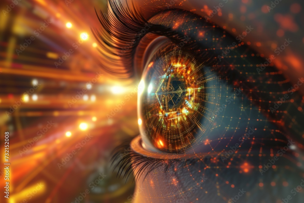 Ilustrace Human Cyborg AI Eye ocular. Eye optic nerve fibers optic ...