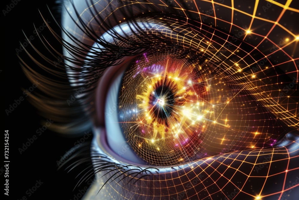 Human Cyborg AI Eye visualization. Eye contact lenses optic nerve lens ...