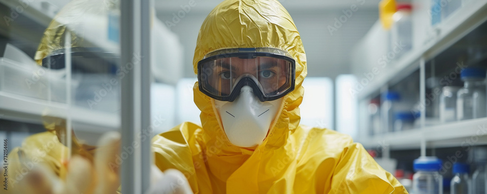 researcher wearing protective gear, handling hazardous materials in a ...