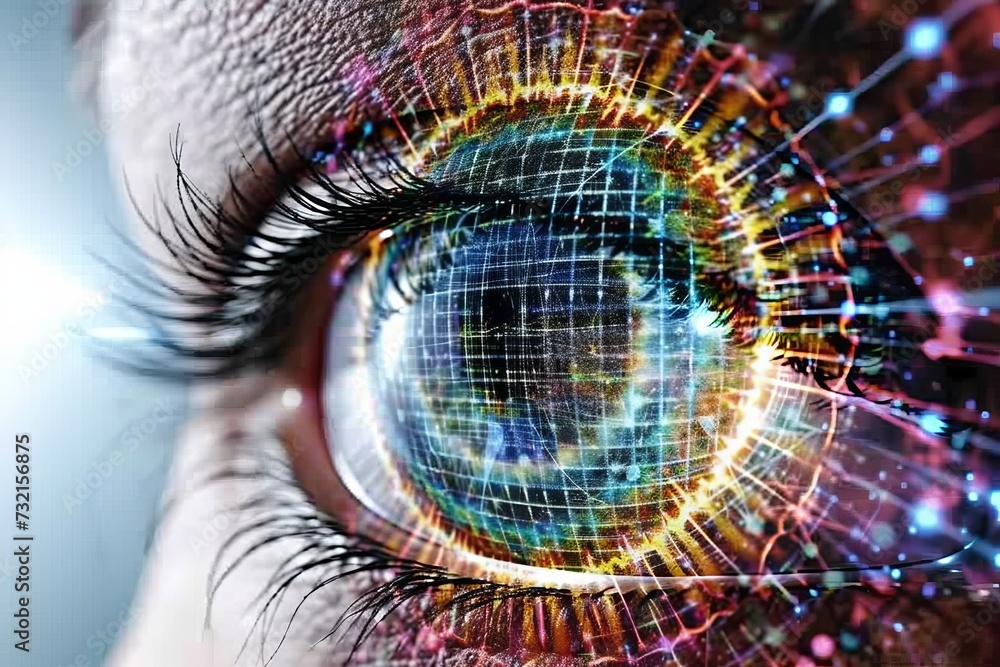 Human Cyborg AI Eye glaucoma. Eye innovation optic nerve lens ...