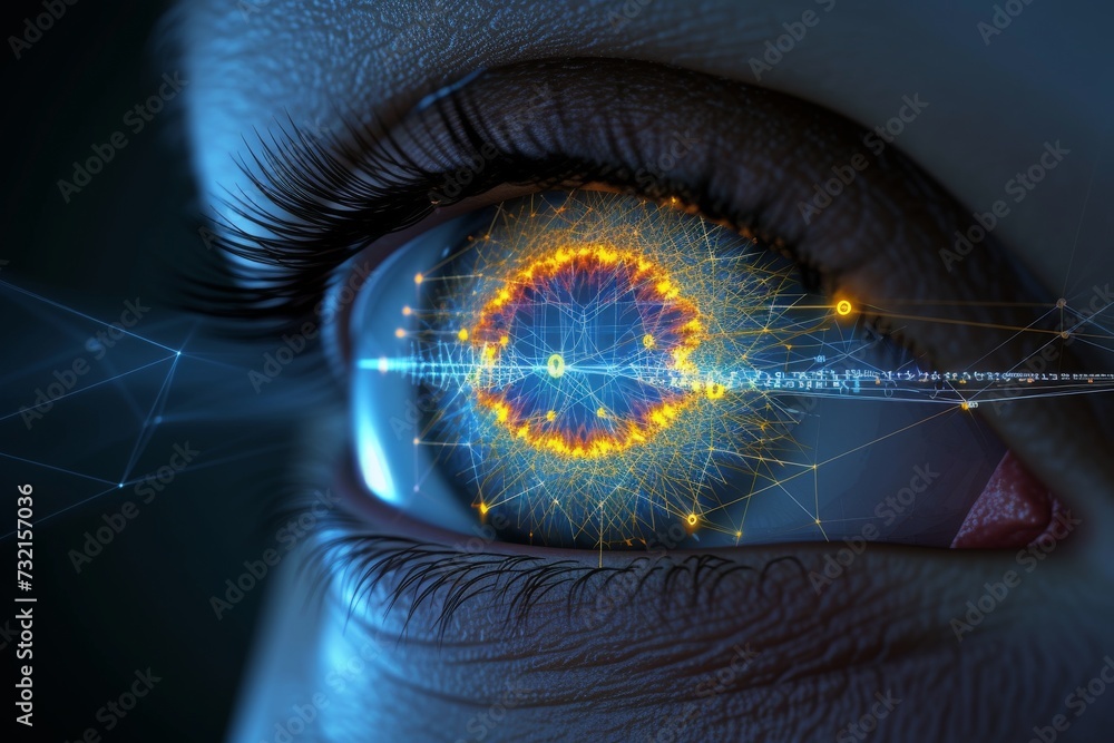 Human Cyborg AI Eye protanopia. Eye sclera optic nerve lens optic nerve ...