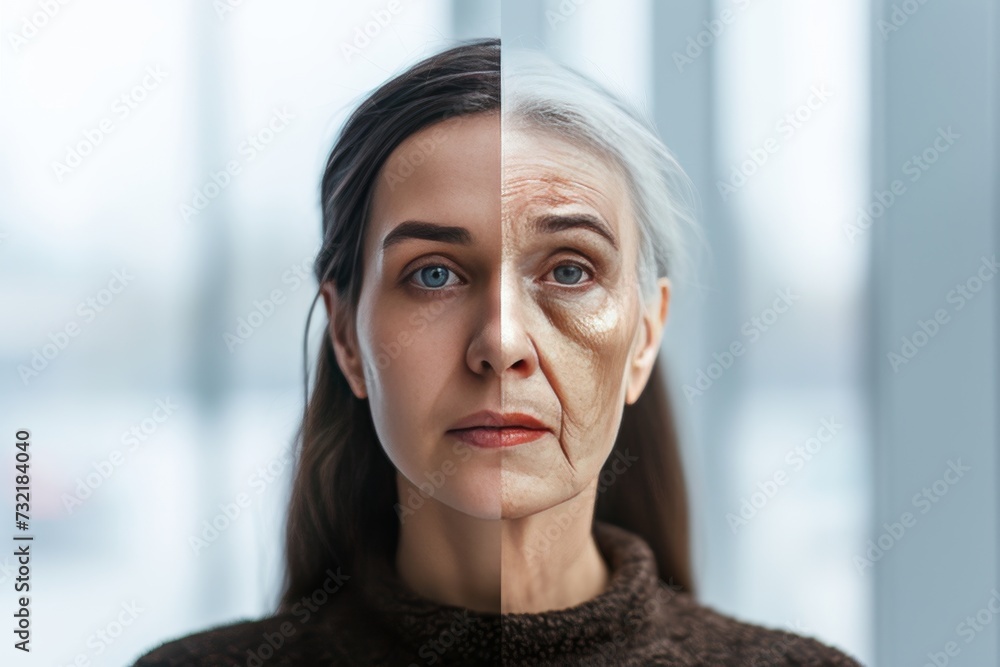 Aging teen girl. Comparison young to old woman aging. Less Wrinkles ...