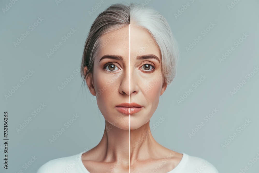 Aging realistic. Comparison young to old woman skin firming cream. Less ...