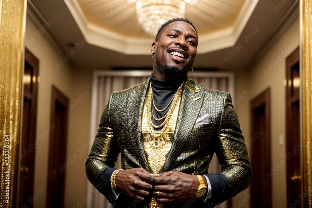 African Black man showing off his wealth with bling and gold, like a ...