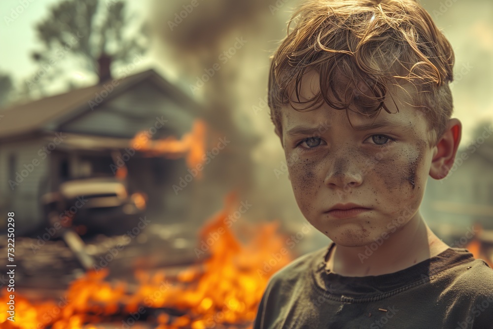 Sad, upset boy stands in front of a fire caused by a disaster or ...