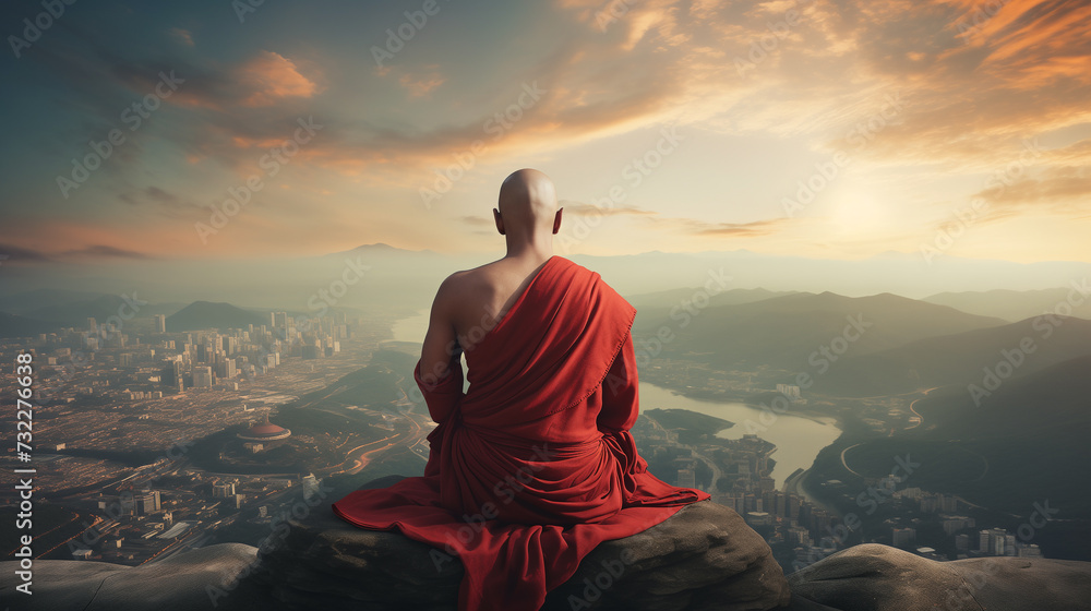 Buddhist monk dressed in red , bald head, meditates on mountain top and ...