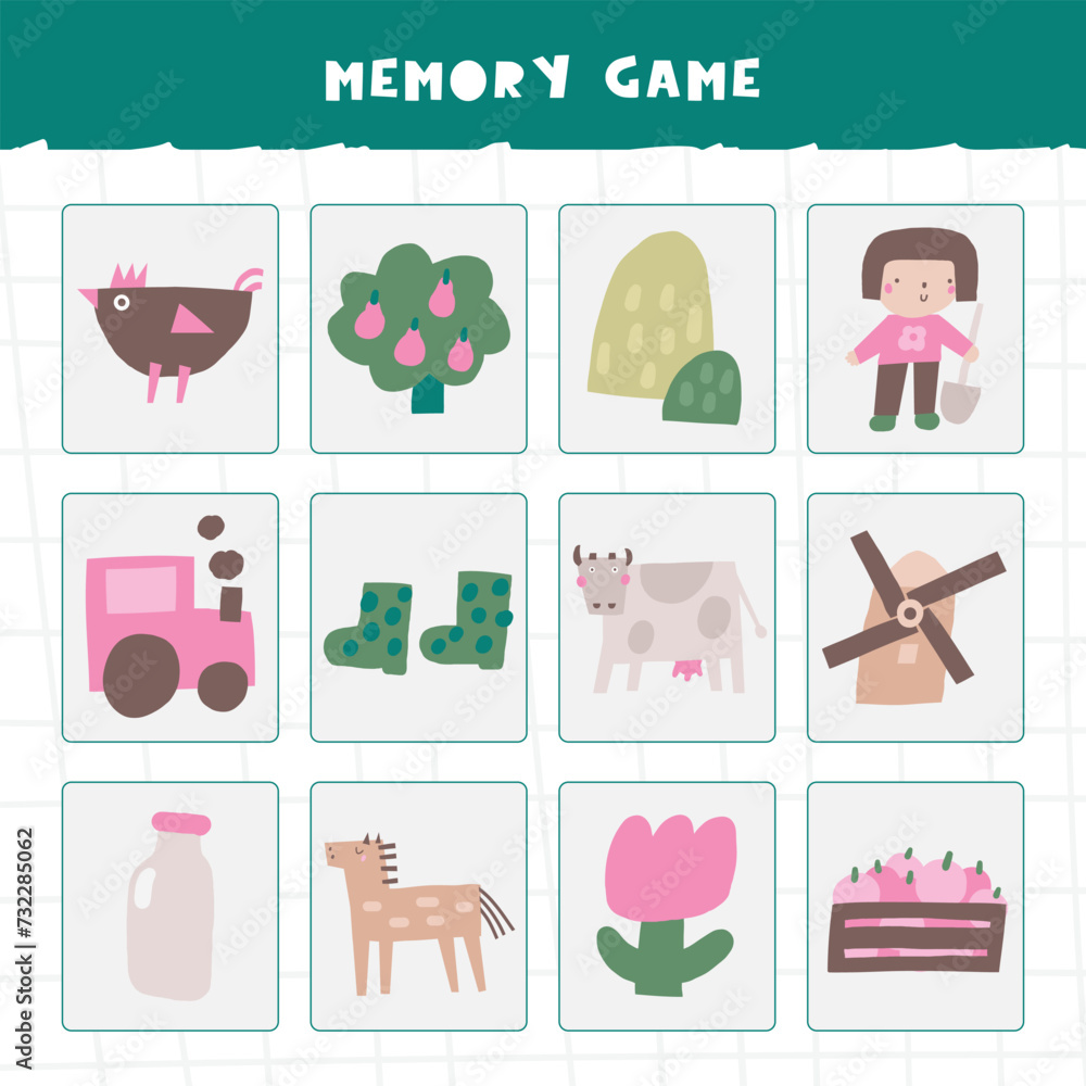 Image vectorielle Stock Learn farm animals, objects memory game for ...