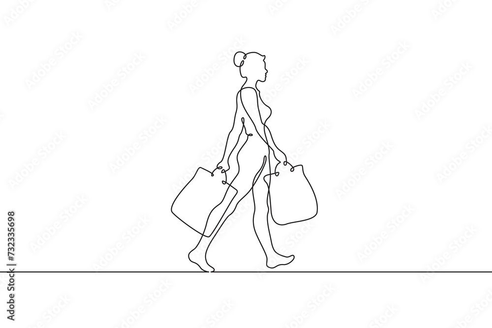Woman goes shopping. Girl with packages. Sale.One continuous line ...