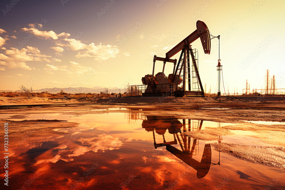 Drilling rigs in a desert oil field to extract fossil fuels and extract ...