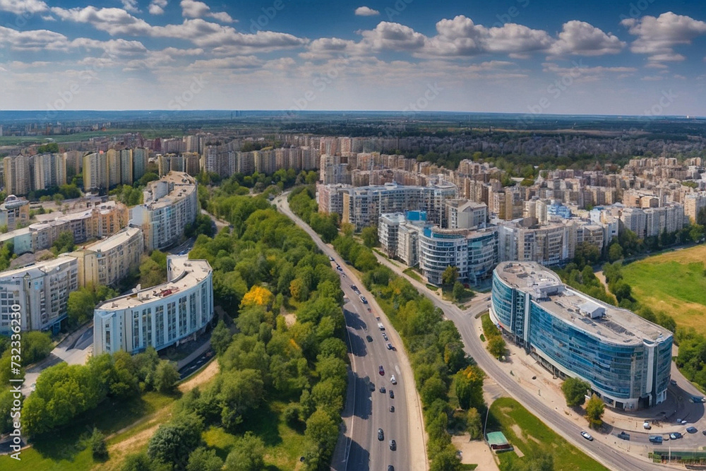 aerial drone photo shows the downtown panorama of Chisinau, showing ...