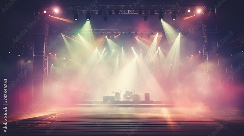 Rock concert stage, backdrop for show with spotlights, steam and smoke ...