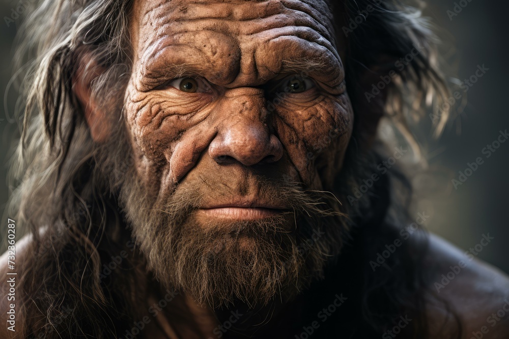 Rugged Neanderthal man face. Primitive history old male portrait ...