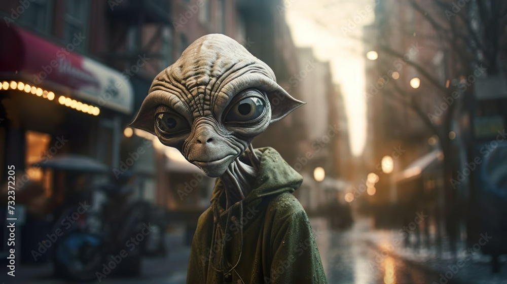 Spooky creepy green alien in human clothes on a city street. The ...