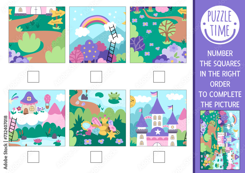Vector unicorn activity. Fairytale complete the picture logic game with ...