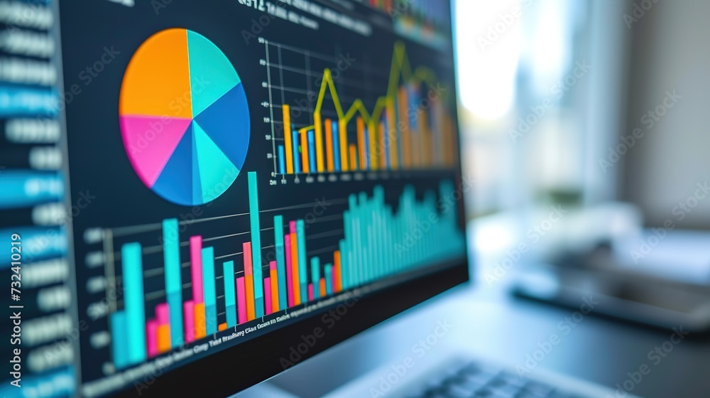 Vibrant pie charts and bar graphs showcasing data analytics on a ...