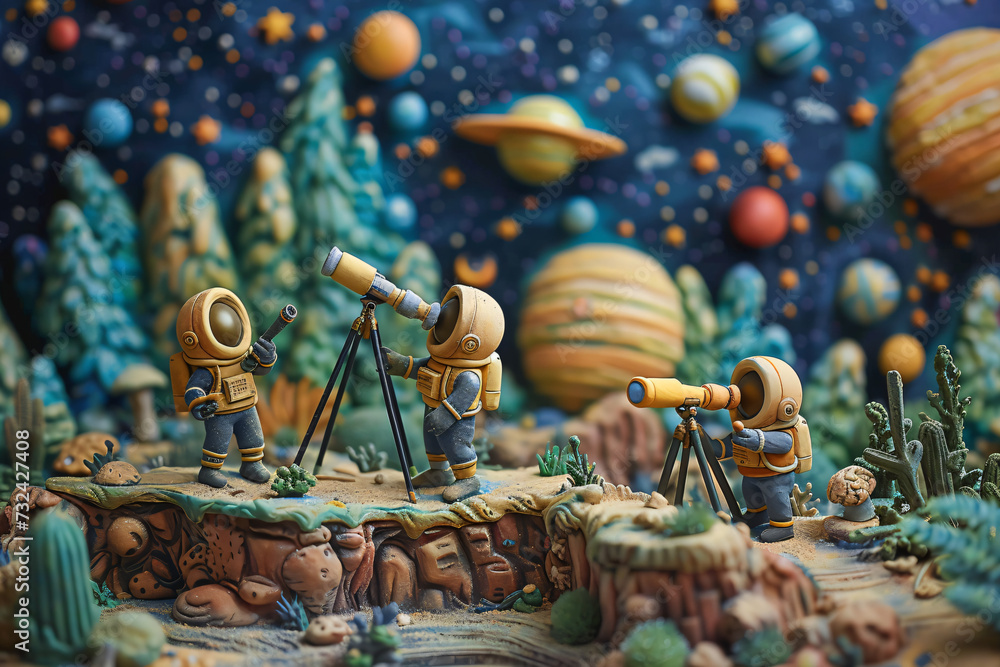 Clay astronauts with telescopes exploring outer space. Vibrant ...