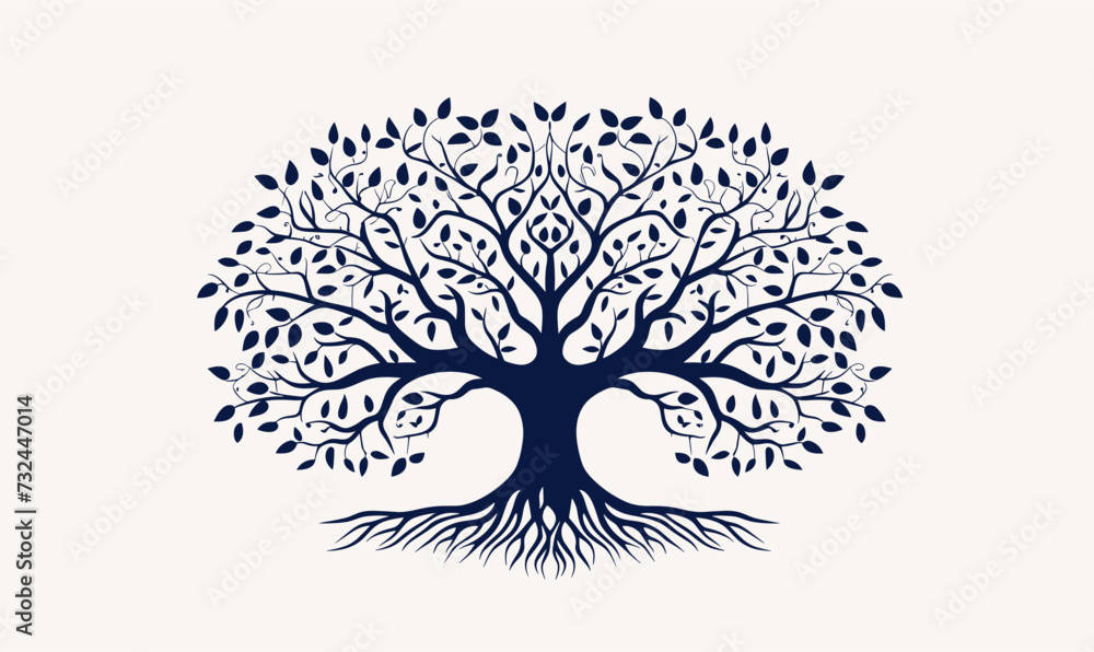 Tree of life with leaves, vector illustration tree with roots outline ...