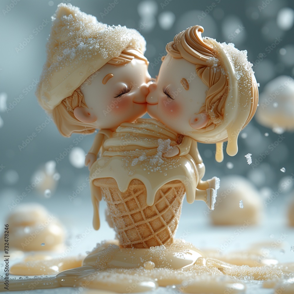 Image of melting ice crem on a cone with cute couple kissing on top as ...