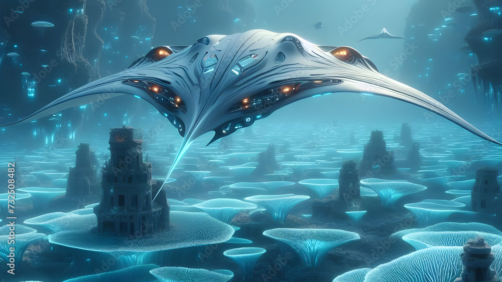 Stock-Illustration „Biomimetic Spaceship Soaring over Ethereal Coral ...