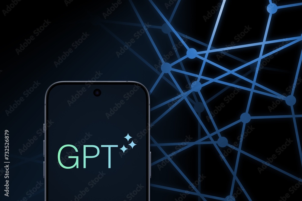 fictional GPT Logo shown on a modern smartphone in front of connected ...
