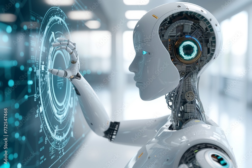Robot with human features interacts with circular hologram, depicting AI and virtual interfacing ...