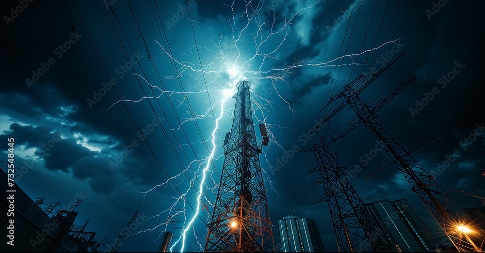 Gigantic tower antenna towering above a modern industrial city, is hit ...