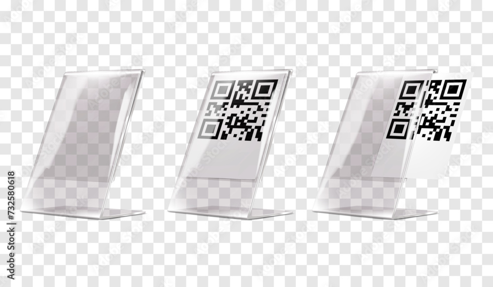 Plexi stand vector mock-up. Transparent L-shaped QR code holder mockup ...