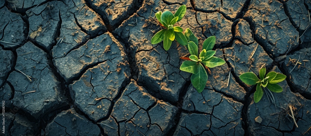 A tiny plant emerges from the arid soil, bravely defying the cracked ...