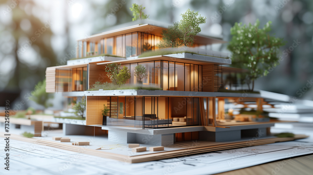 Sustainable building architecture model with blueprints, energy ...