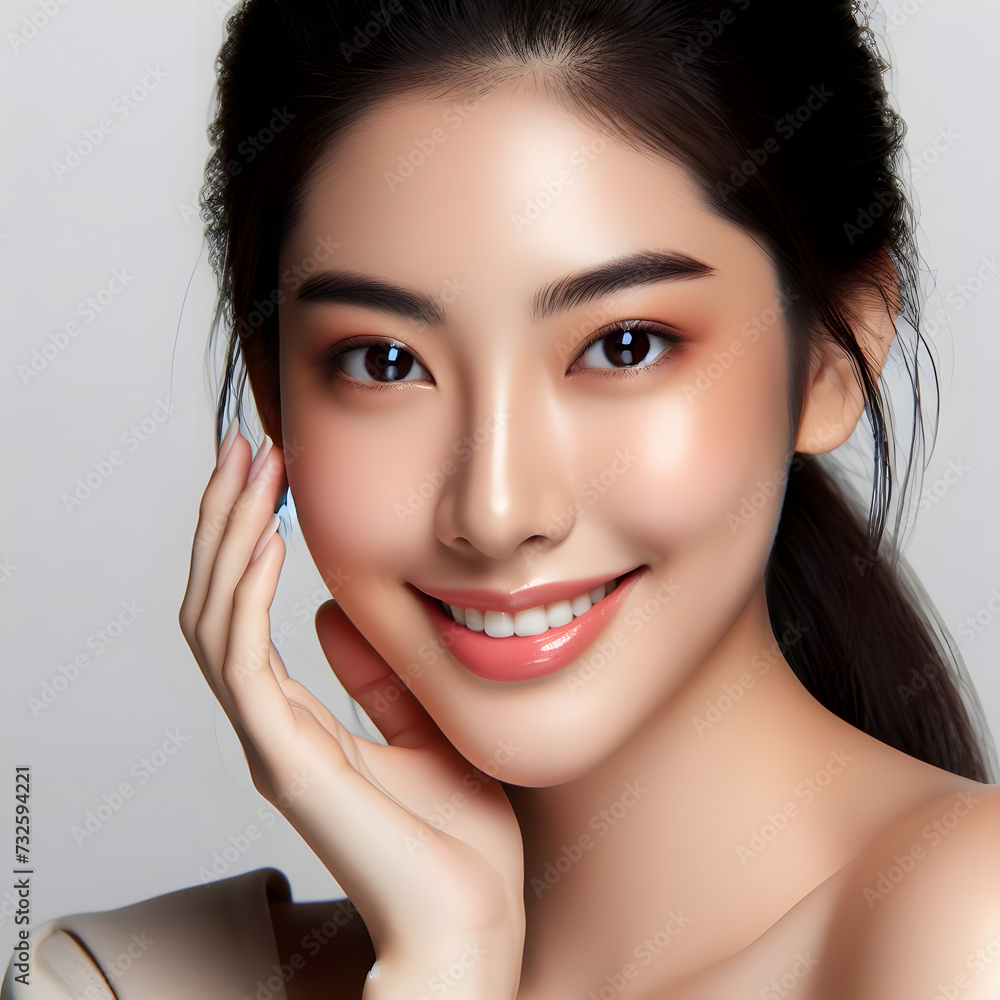 Beautiful young asian woman with clean fresh skin on beige background ...