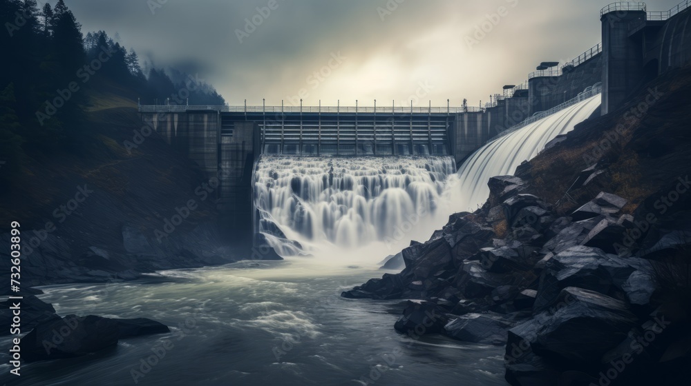 Hydroelectric dam on the river, discharge of water from the reservoir ...