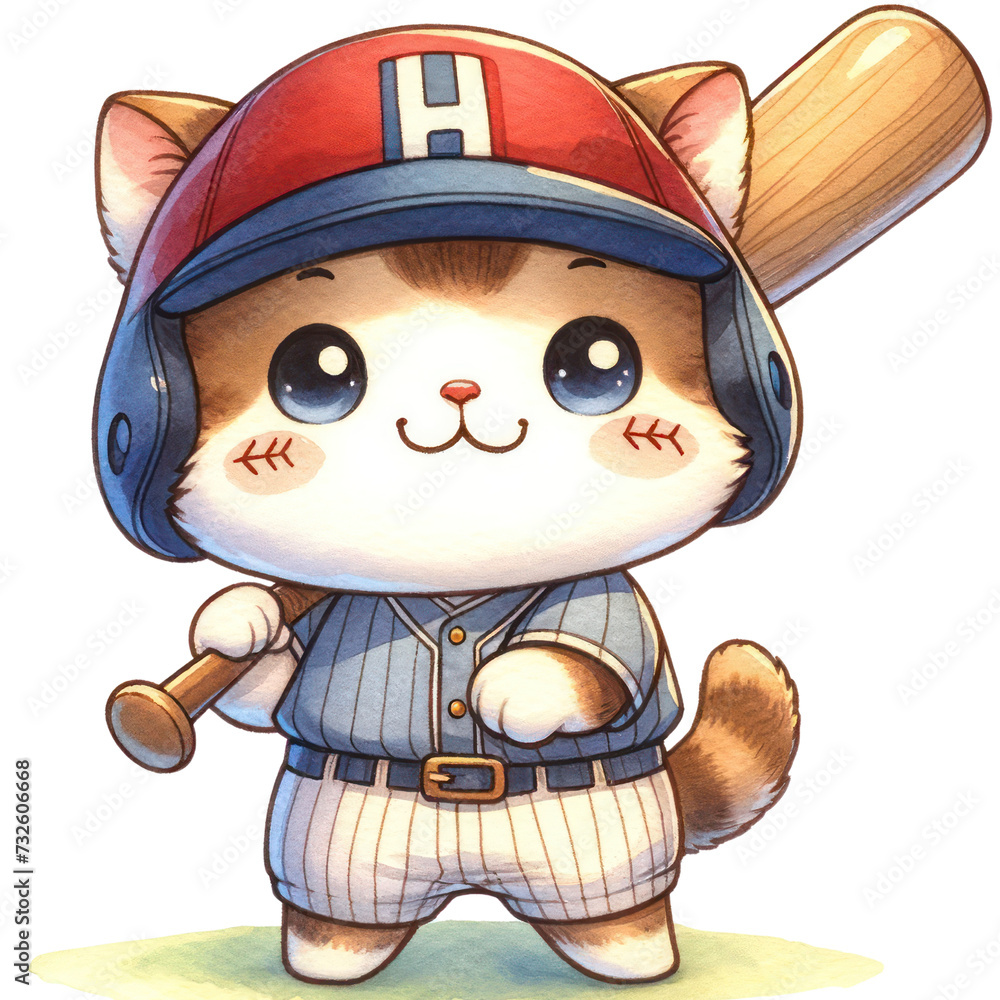 Illustration Stock Cat hits baseball Watercolor clipart bundle ...
