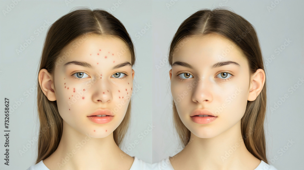 Young woman or teenage girl dermatology acne treatment before and after ...