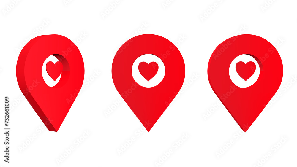 Three red geolocation icons with hearts in the middle on a transparent ...