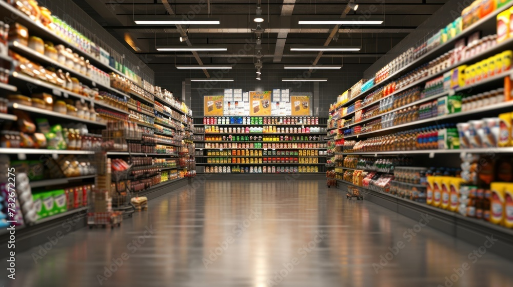 Abstract supermarket aisle with colorful shelves and unrecognizable ...