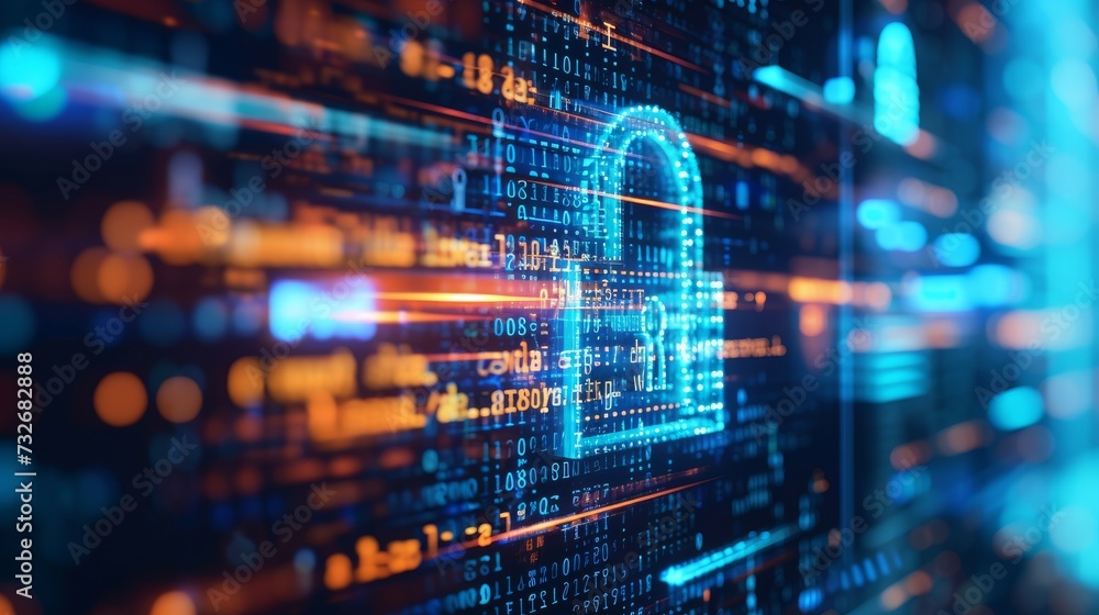 Cybersecurity concept represented by a glowing digital lock on an intricate electronic circuit ...