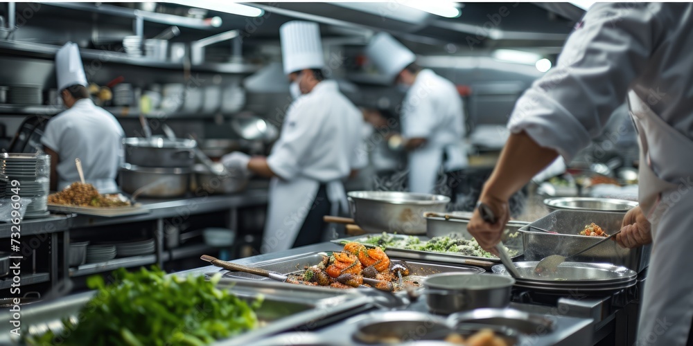 Professional chefs in white uniforms are intensely preparing and ...